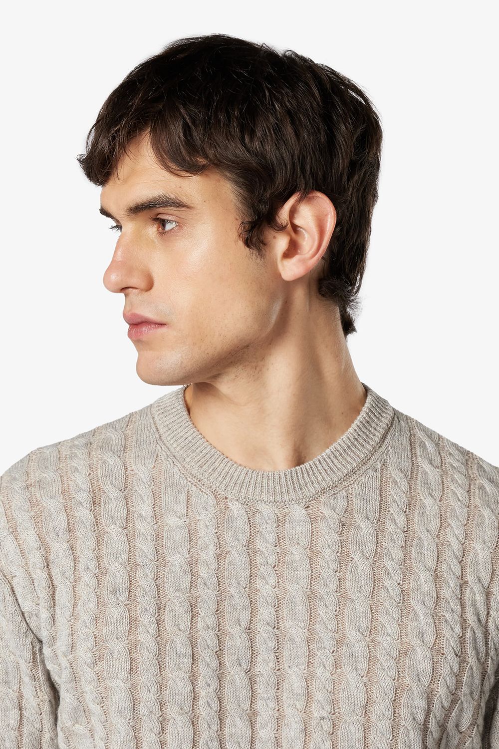 SEASE Regular Fit Cable Knit Vanisé Linen-Cashmere Blend Crew Neck ...