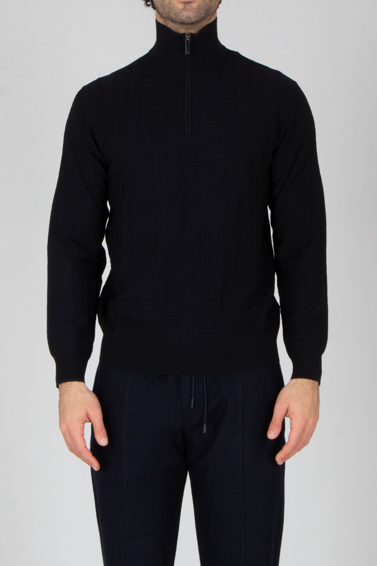 EMPORIO ARMANI Regular Fit Checked Effect Viscose Blend Quarter Zip ...